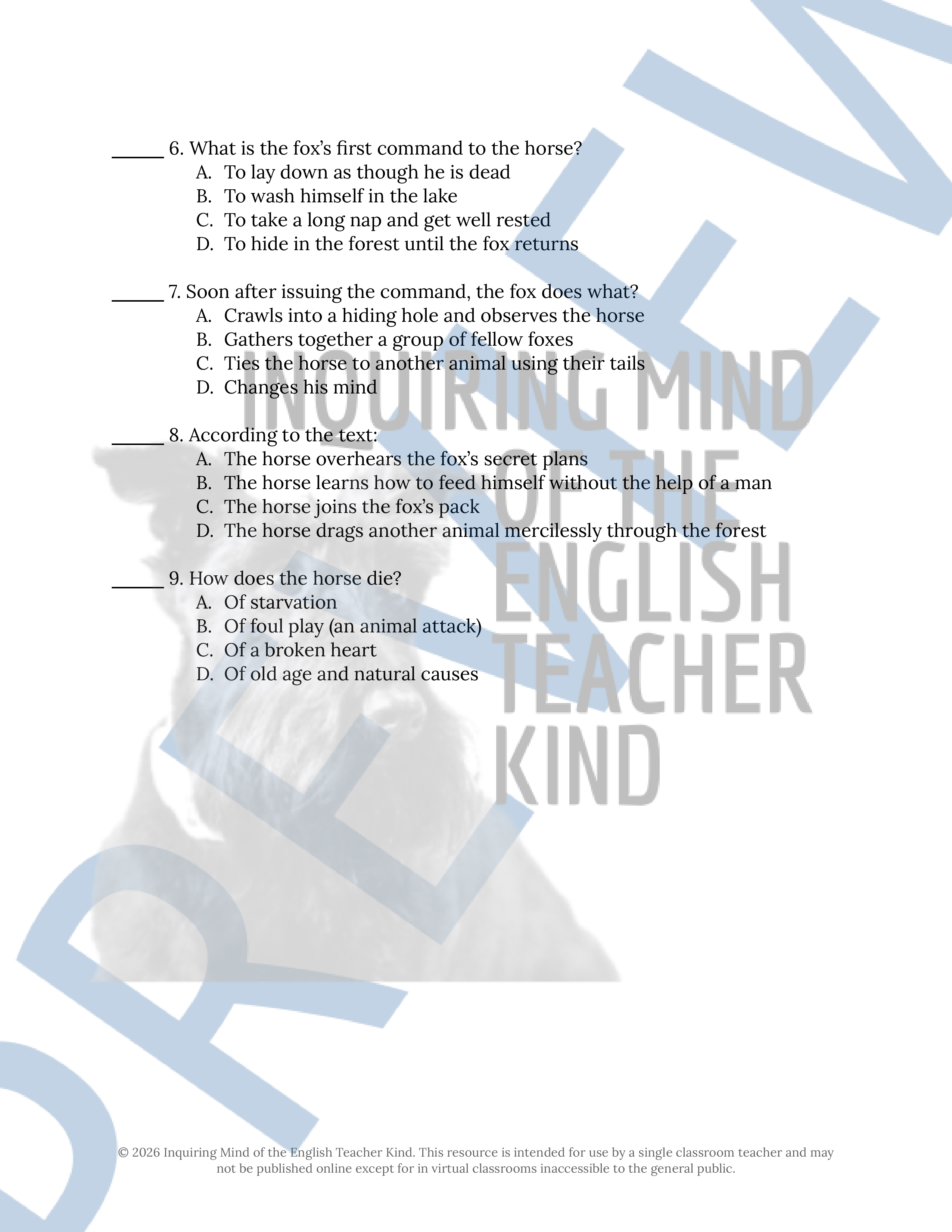 "The Fox and the Horse" Quiz and Answer Key | Grimm's Fairy Tale | Bell ...