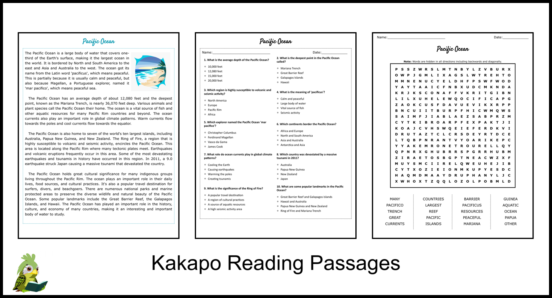 Pacific Ocean Reading Comprehension and Word Search | Teaching Resources