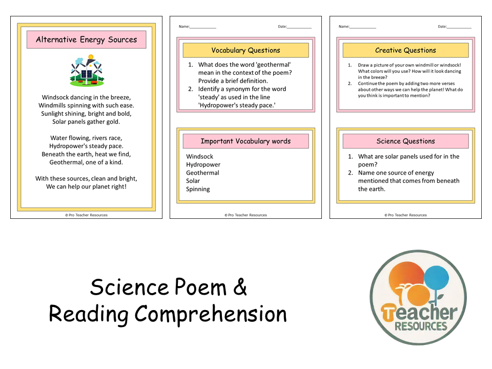Alternative Energy Sources Poem Reading Comprehension Questions ...