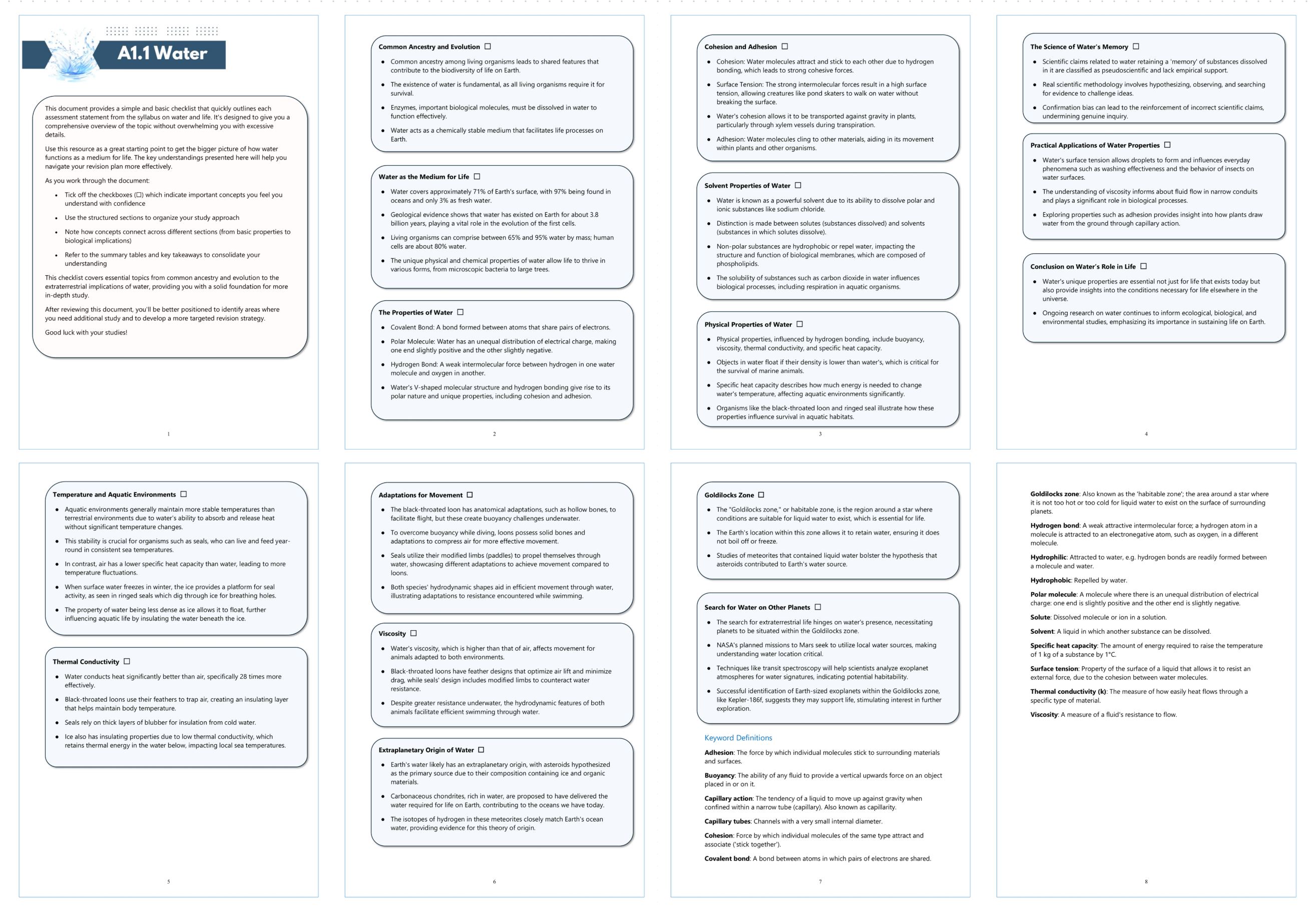 IB DP Biology A1.1 Water: Condensed Notes 2026 | Teaching Resources