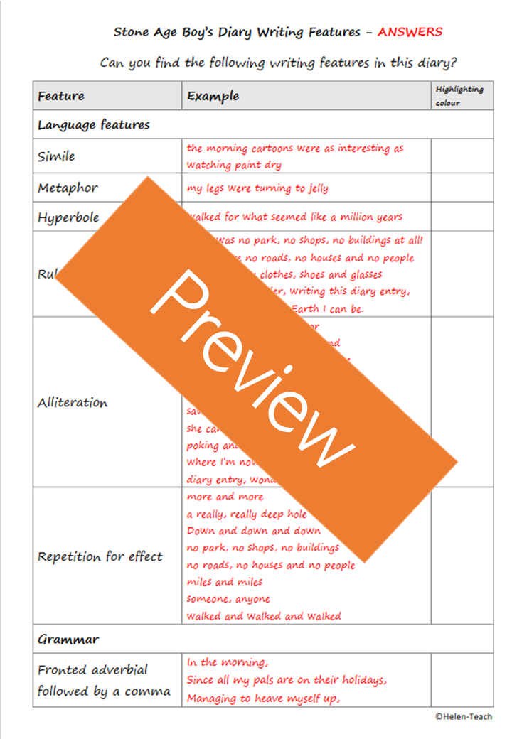 Stone Age Boy Example Diary Text with Feature Identification & Answers ...