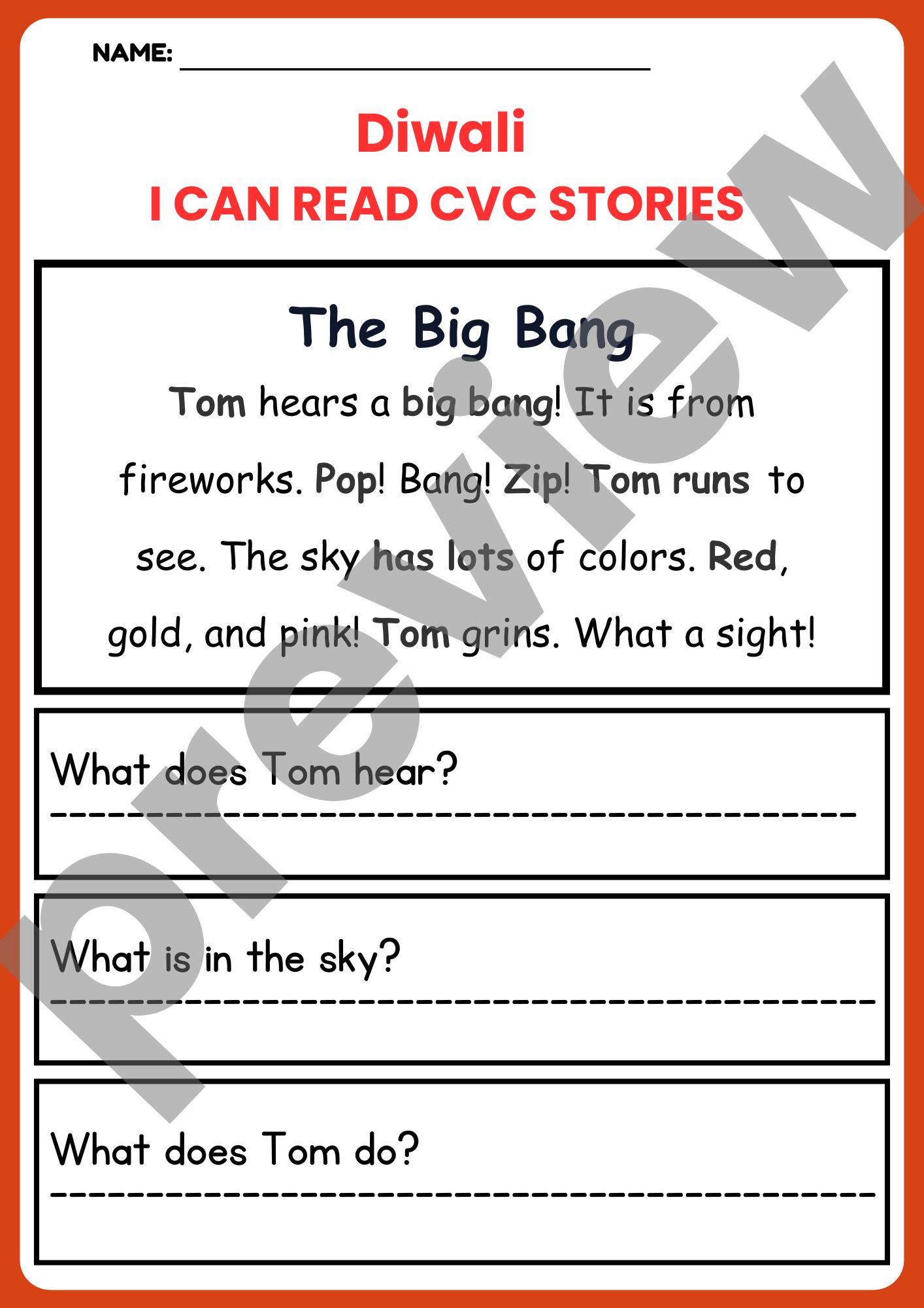 Diwali CVC Decodable Short Stories worksheets with Comprehension ...