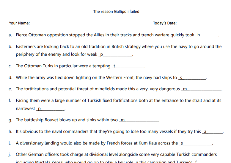 The Reasons Gallipoli Failed. Video worksheets, differentiated ...