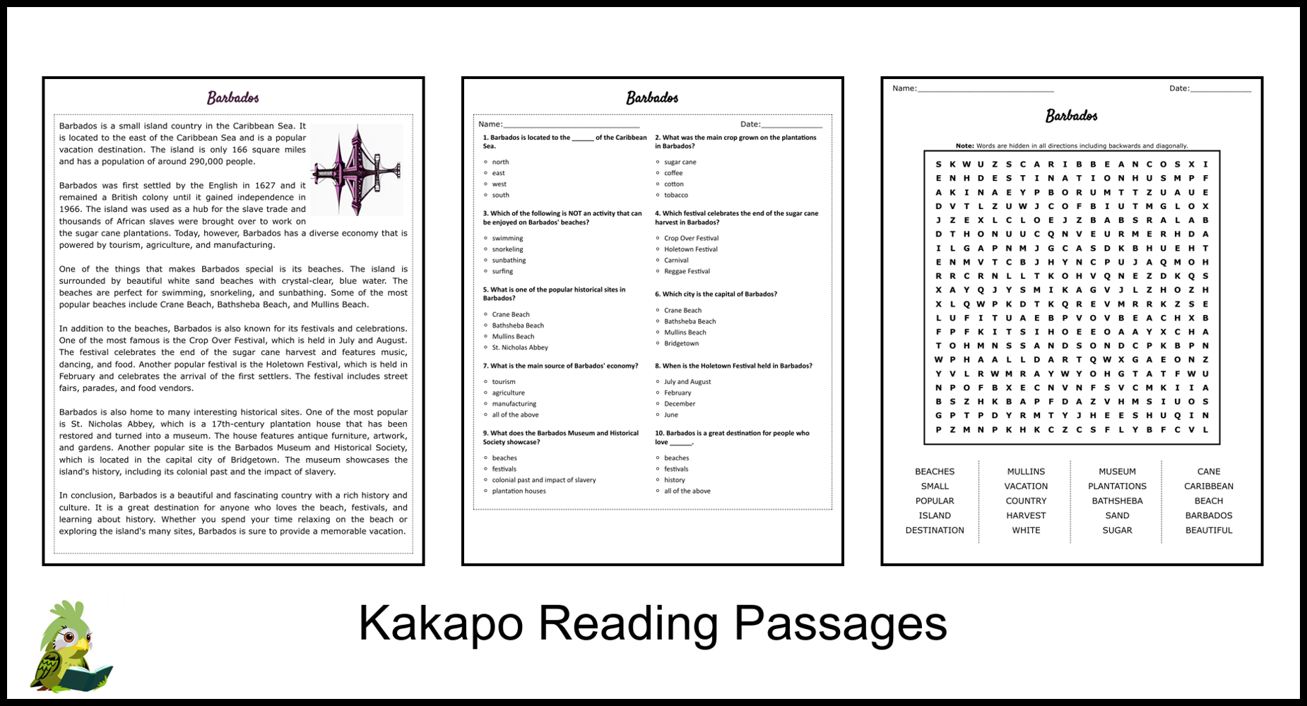Barbados Reading Comprehension and Word Search | Teaching Resources
