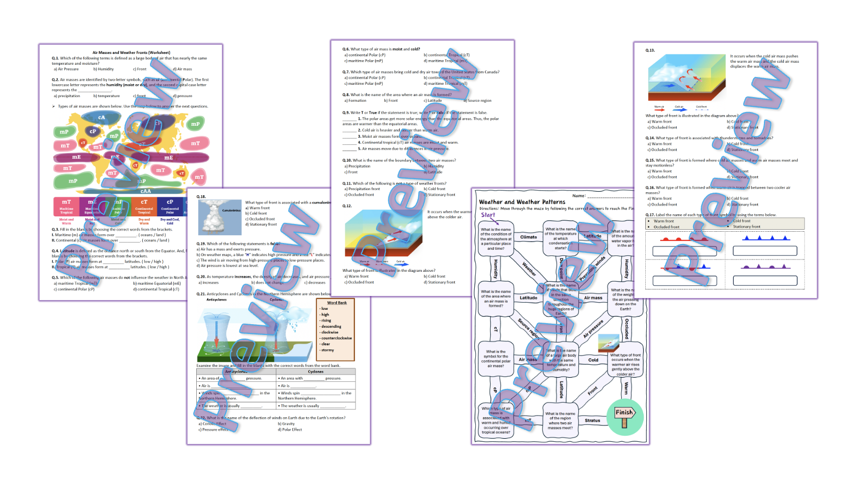 Air Masses and Weather Fronts - Worksheet, PDF: Earth Science ...