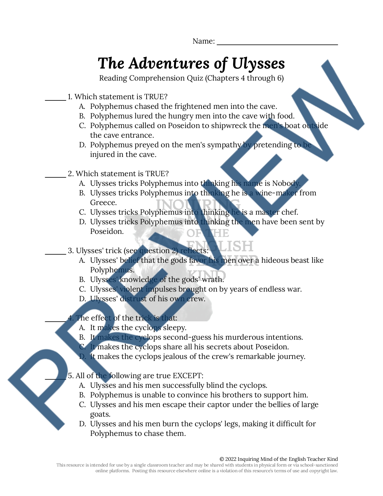 Adventures of Ulysses Chapters 4 through 6 Quiz and Answer Key ...