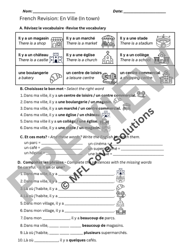 KS3 French Cover Lesson- In Town (En Ville) | Teaching Resources