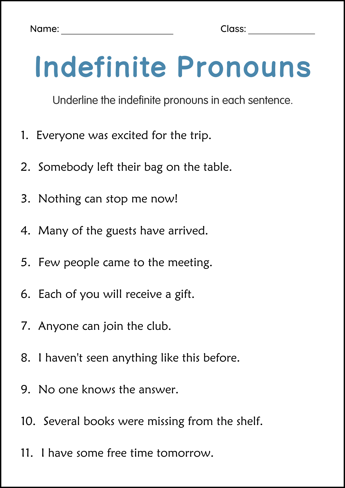 Somebody Anybody Nobody - Indefinite Pronouns Grammar Worksheets for ...