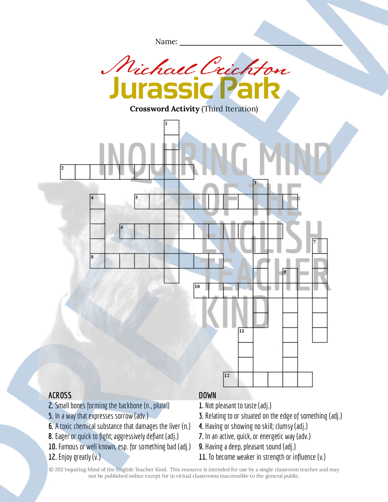 Jurassic Park by Michael Crichton Vocabulary Games (Third Iteration ...