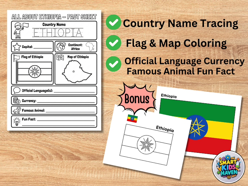 Ethiopia Printable Worksheets Map and Flag Country Study Research ...