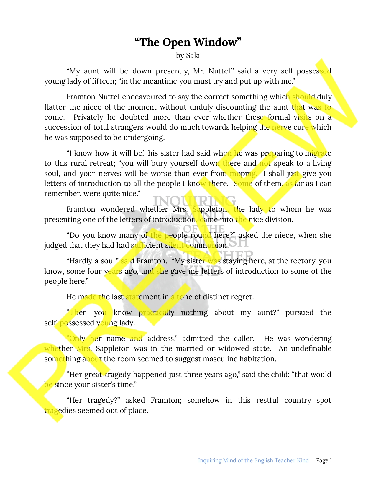 “The Open Window” by Saki Close Reading Analysis Worksheet | Teaching ...