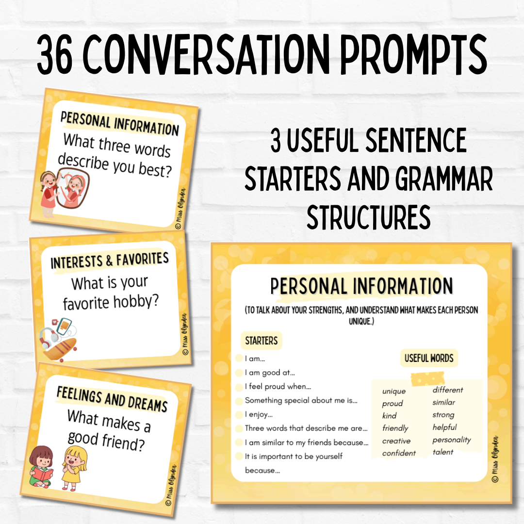 All About Me Speaking Activities – ESL Conversation Cards with Sentence ...