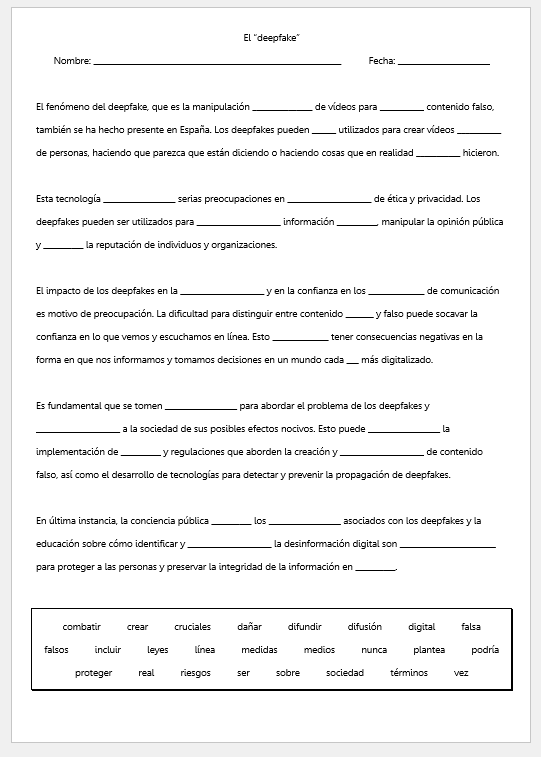 Spanish cloze worksheets, differentiated x4: el deepfake | Teaching ...