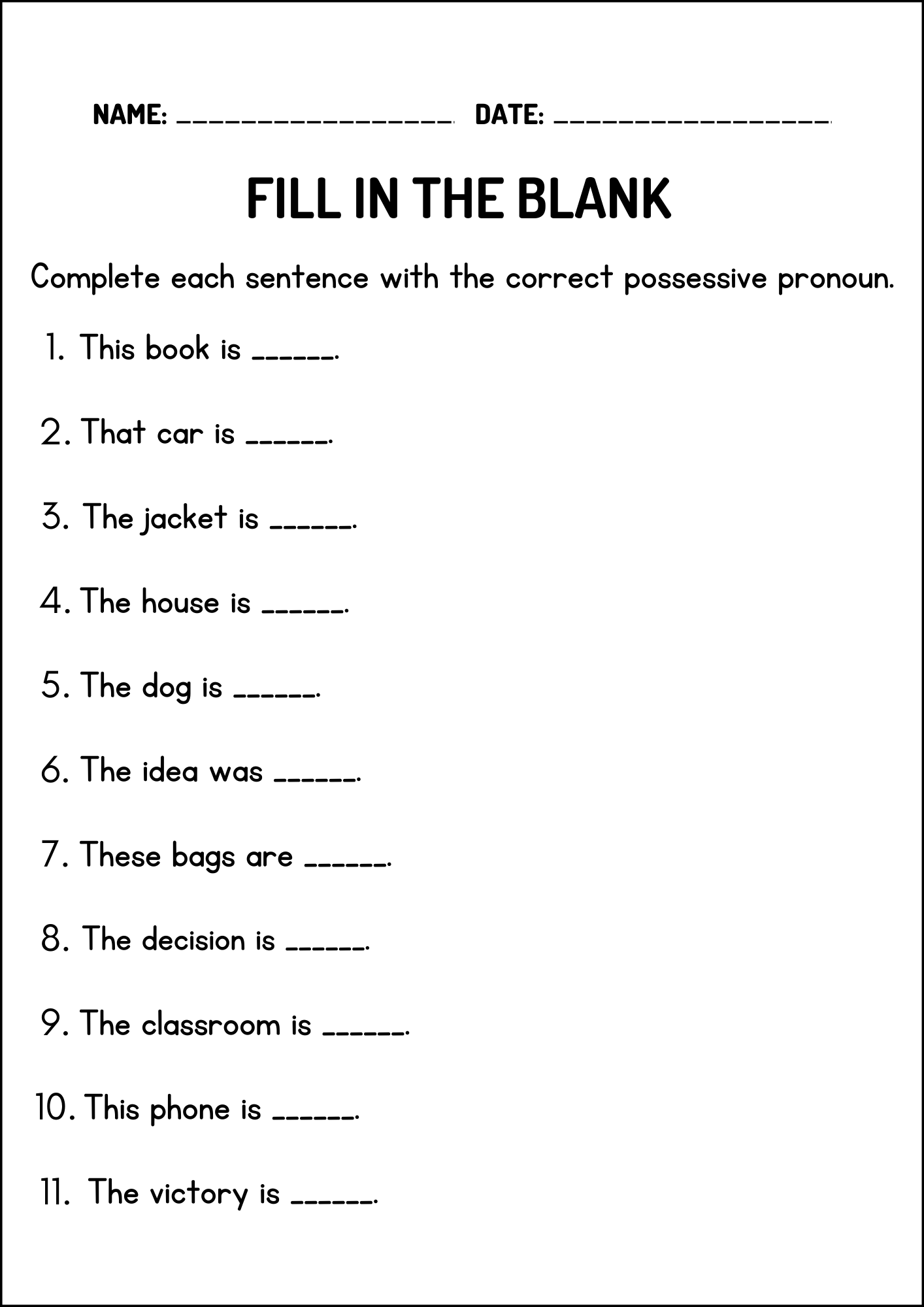 Possessive Pronouns Worksheets Grade 1