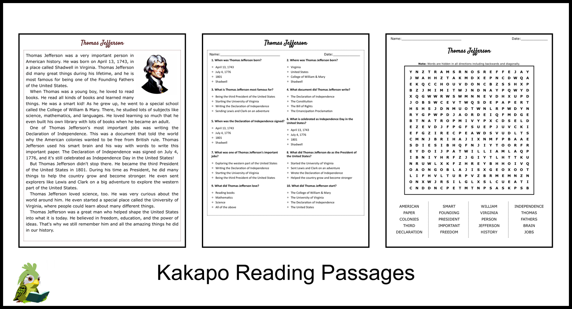 Thomas Jefferson Reading Comprehension and Word Search | Teaching Resources