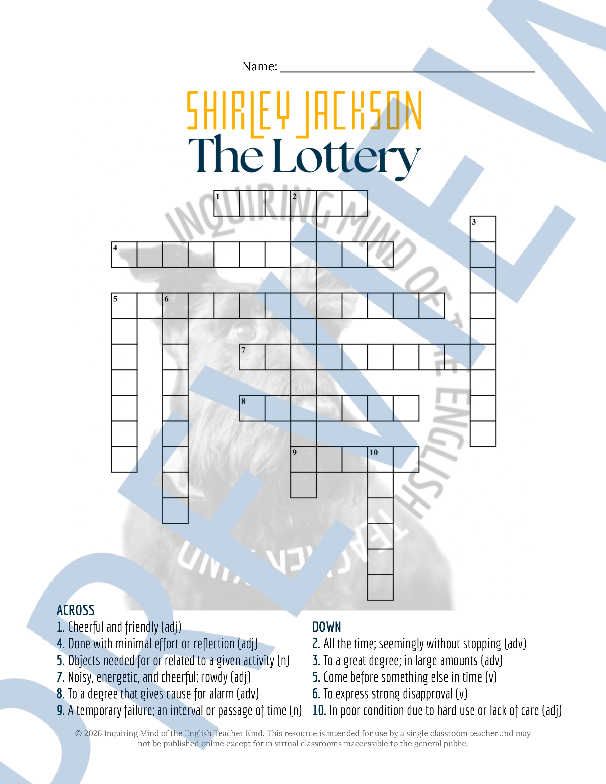 "The Lottery" by Shirley Jackson Vocabulary Games | Crossword Puzzle ...