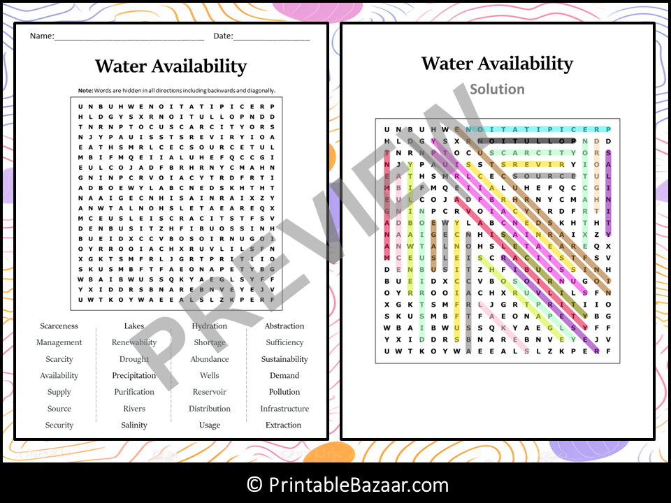 Water Availability Word Search Puzzle Worksheet Activity | Teaching ...