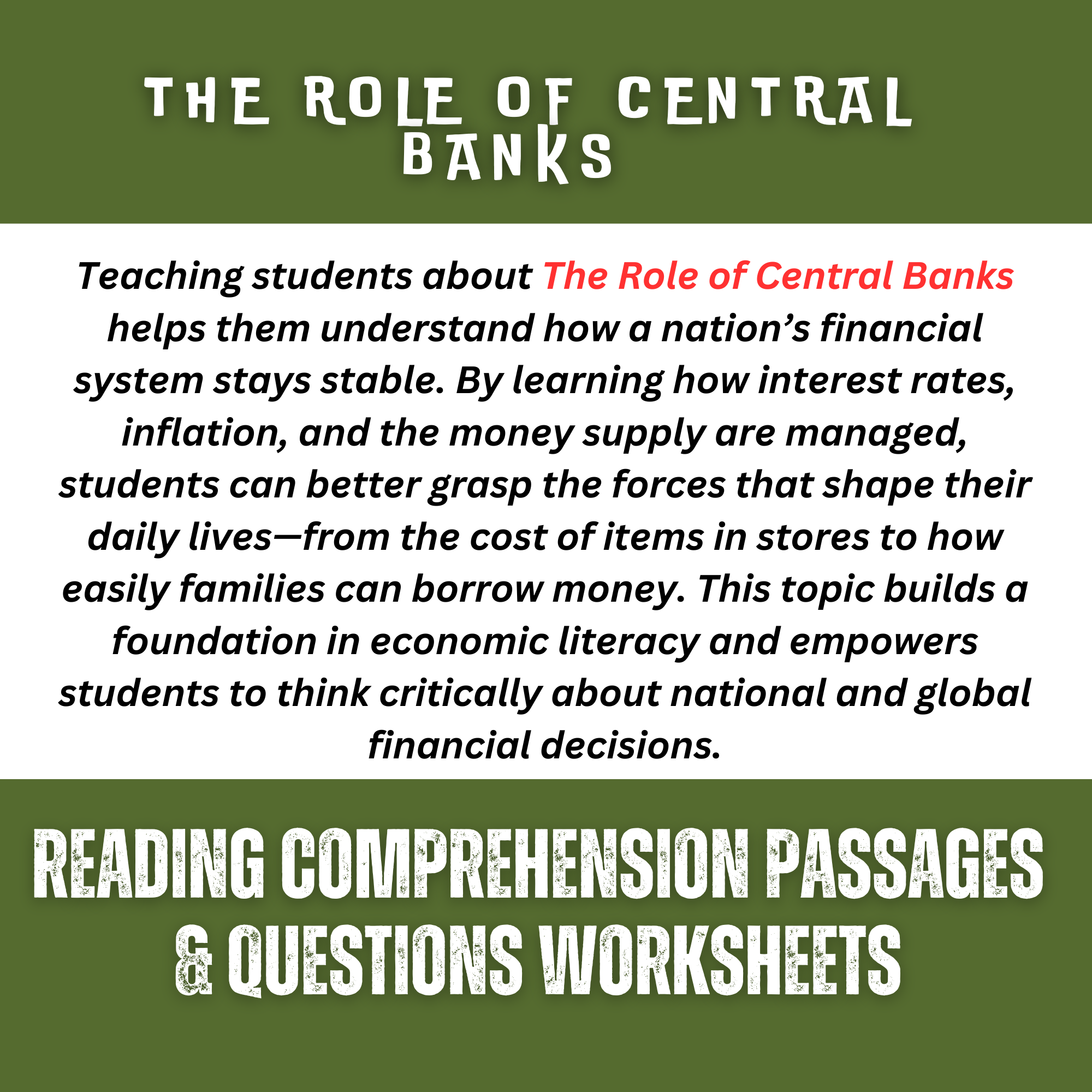 The Role of Central Banks - Economics Reading Worksheet | Teaching ...
