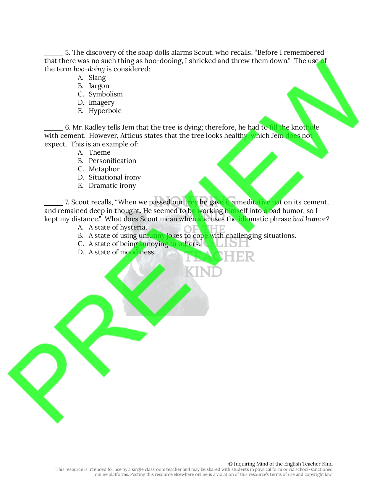 To Kill a Mockingbird Chapter 7 Close Reading Worksheet | Teaching ...