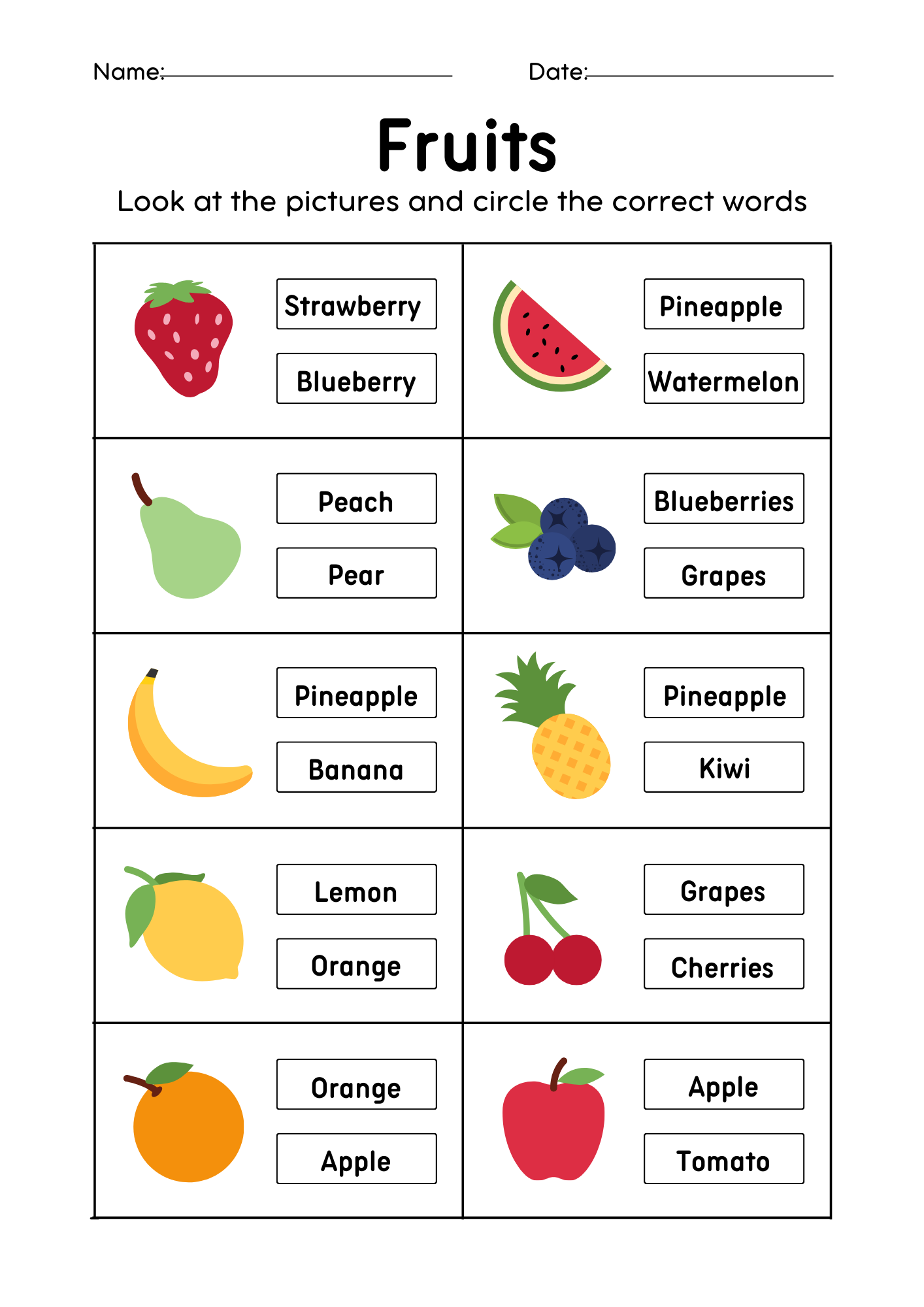 White Colorful Fruits Vocabulary Worksheet | Teaching Resources