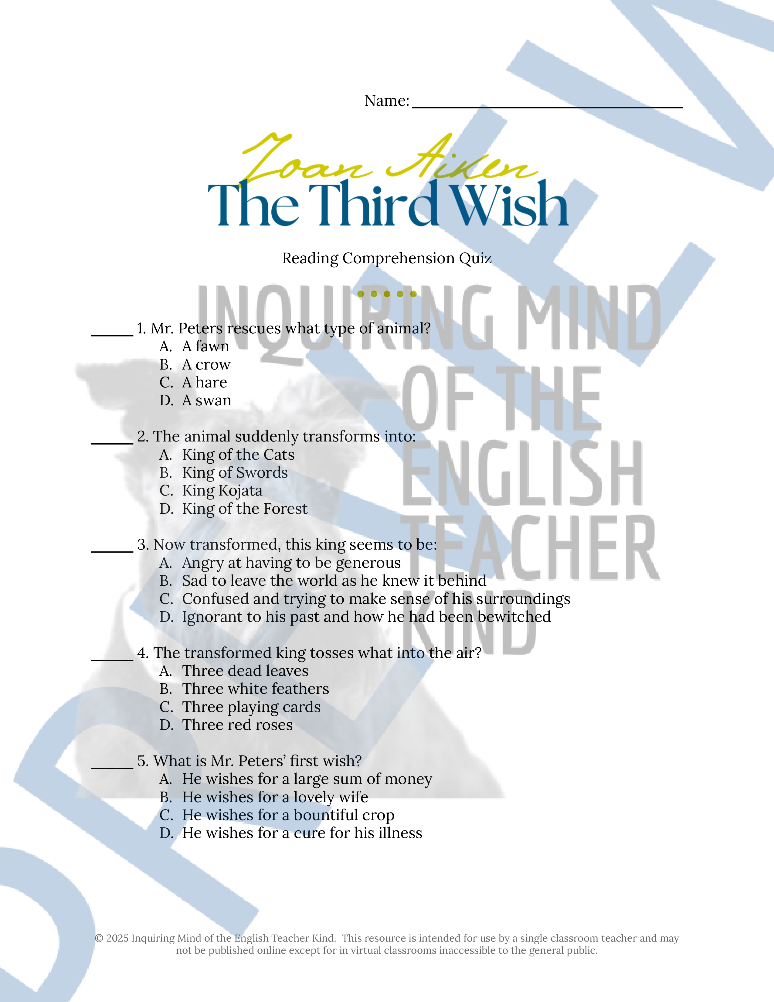 "The Third Wish" by Joan Aiken Quiz and Answer Key | Teaching Resources