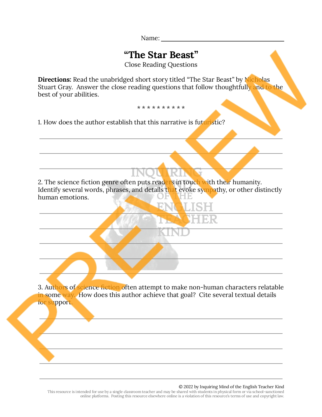 "The Star Beast" by Nicholas Stuart Gray Close Reading | Teaching Resources