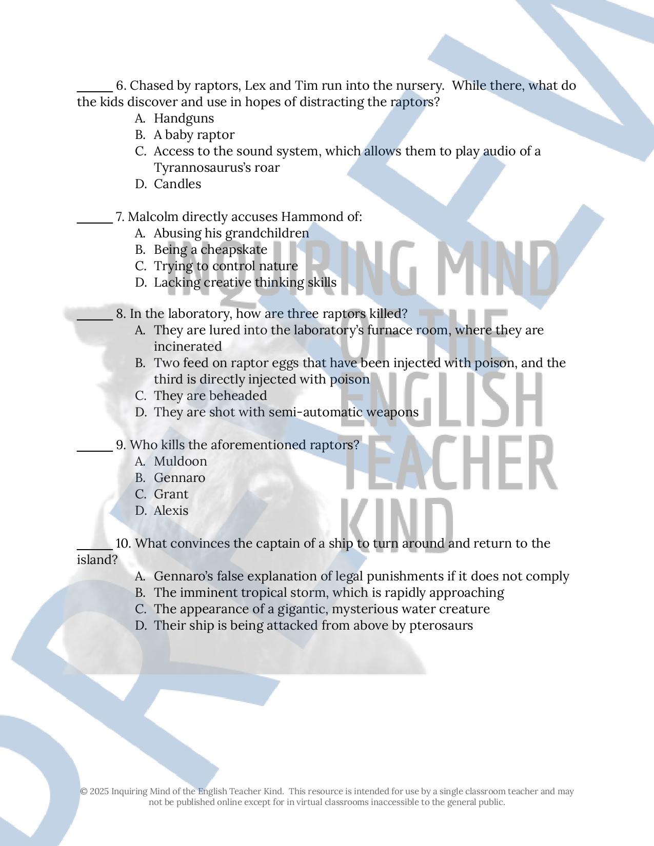 Jurassic Park by Michael Crichton Sixth Iteration Quiz and Answer Key ...