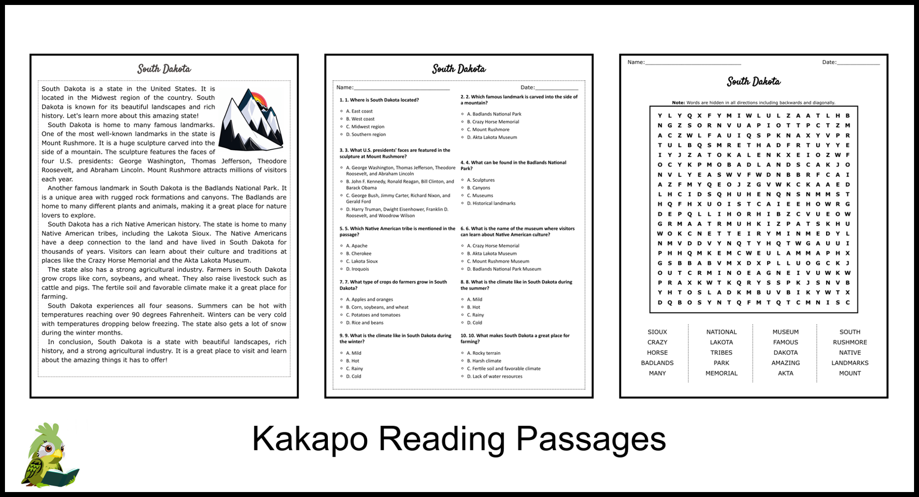 South Dakota Reading Comprehension and Word Search | Teaching Resources