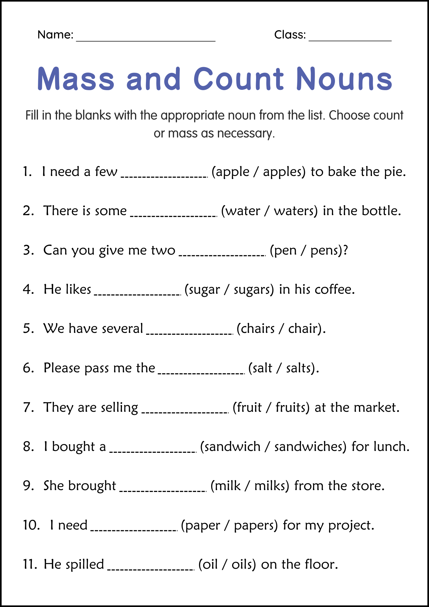 Printable Mass and Count Nouns Grammar Activities Worksheets for Grade ...