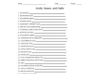 Acids, Bases, and Salts Word Scramble for General Chemistry | Teaching ...