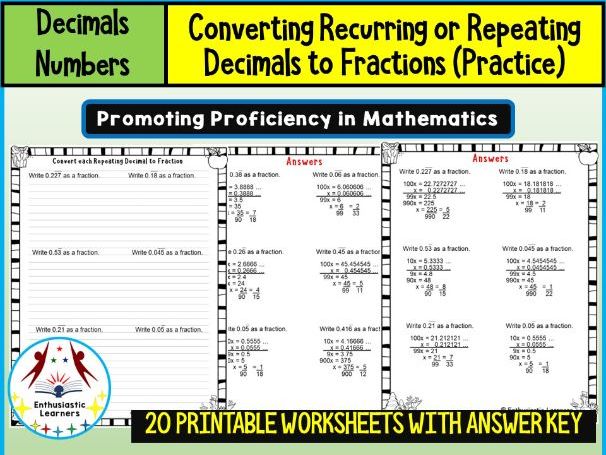 Convert Recurring (Repeating) Decimals to Fractions Worksheets Math ...