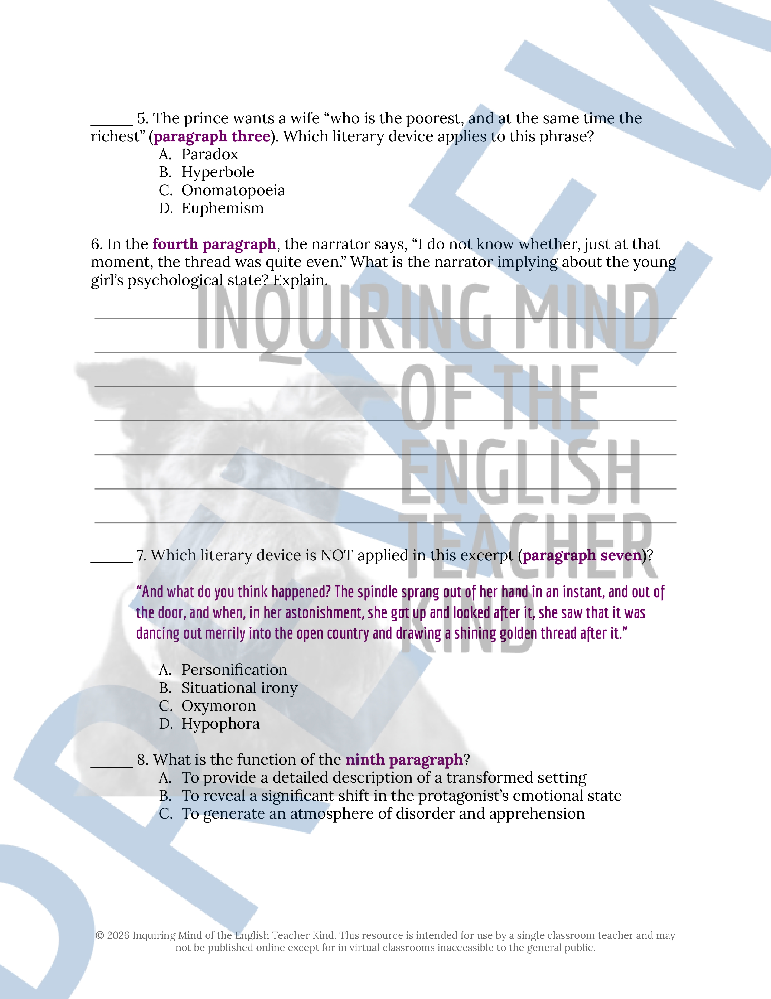 "The Spindle, Shuttle, and Needle" Close Reading Analysis Worksheet ...