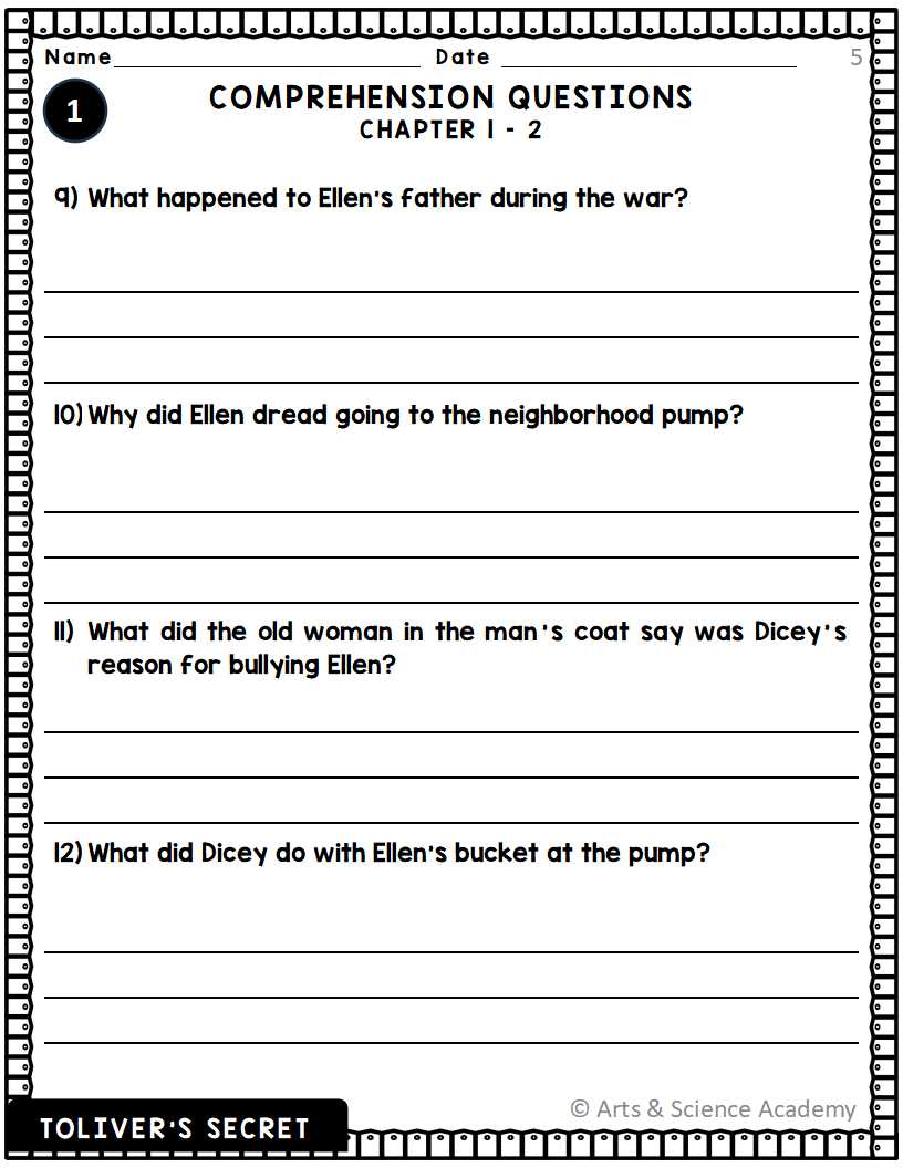 TOLIVER’S SECRET Novel Study Comprehension, Critical Thinking, Vocab ...