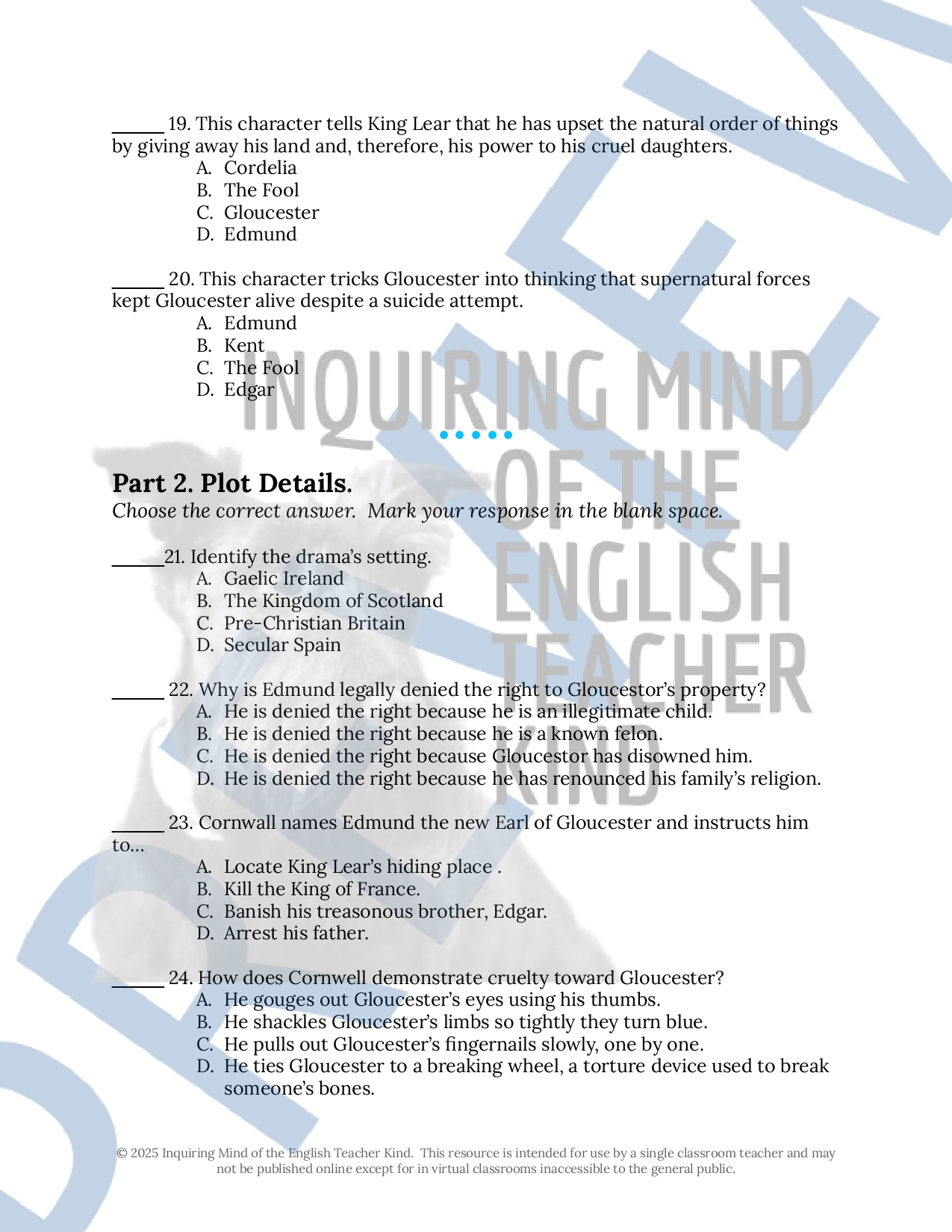 King Lear Test and Answer Key with Thematic Analysis Essay and Rubric ...