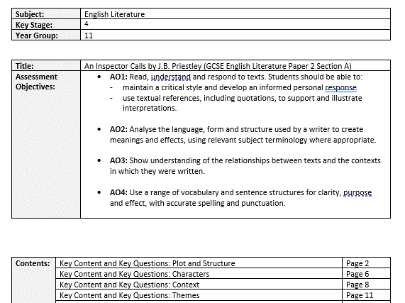 AQA GCSE English Literature: An Inspector Calls - Key Content for Teaching | Teaching Resources