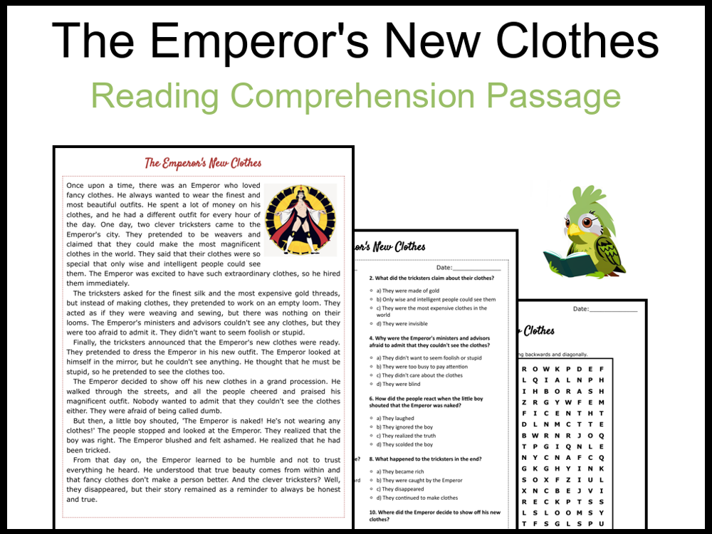The Emperor's New Clothes Reading Comprehension and Word Search ...