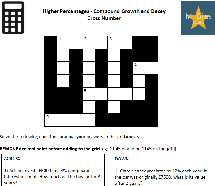 Higher Percentages - Compound Growth and Decay Cross Number | Teaching ...