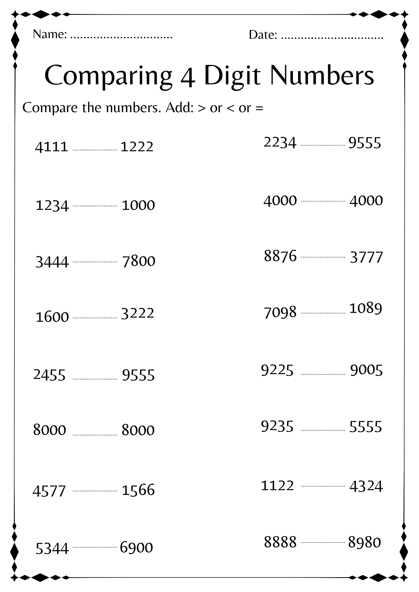 Comparing Four Digit Numbers Worksheets Free Worksheets Printable