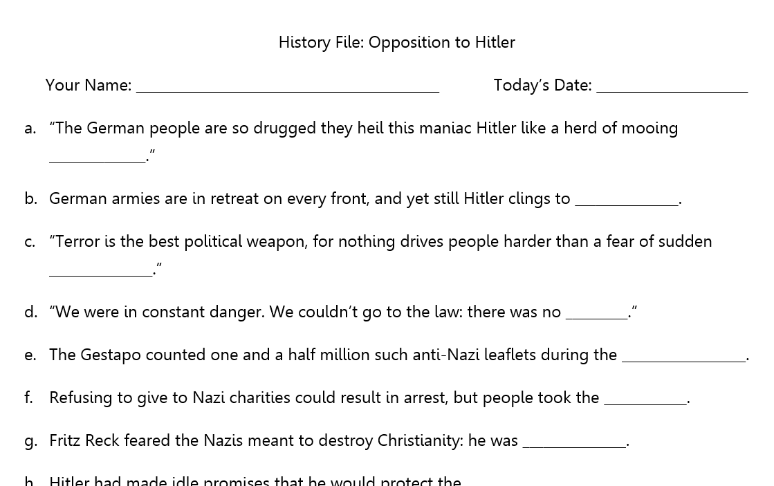 History File: Opposition to Hitler Video Worksheet Differentiated ...