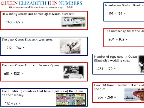 Queen Elizabeth II in Numbers - add and subtract activity | Teaching ...