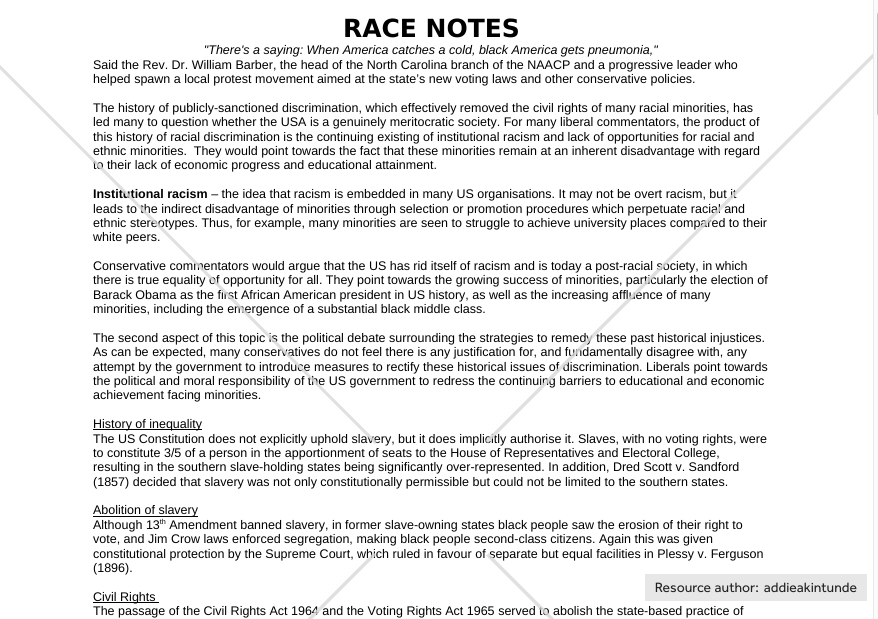 American Politics Race notes A* | Teaching Resources