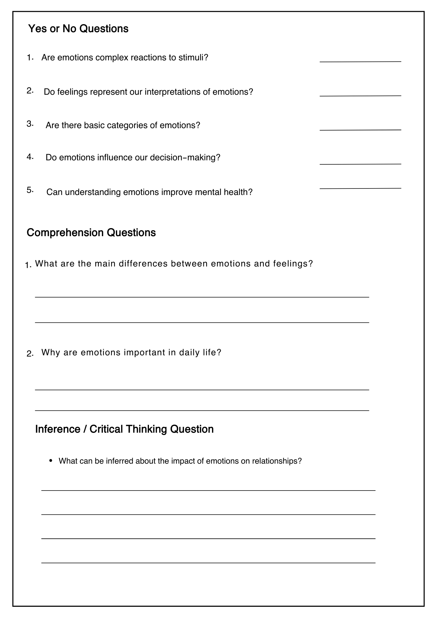 Emotions and Feelings Reading Comprehension Passages & Questions ...