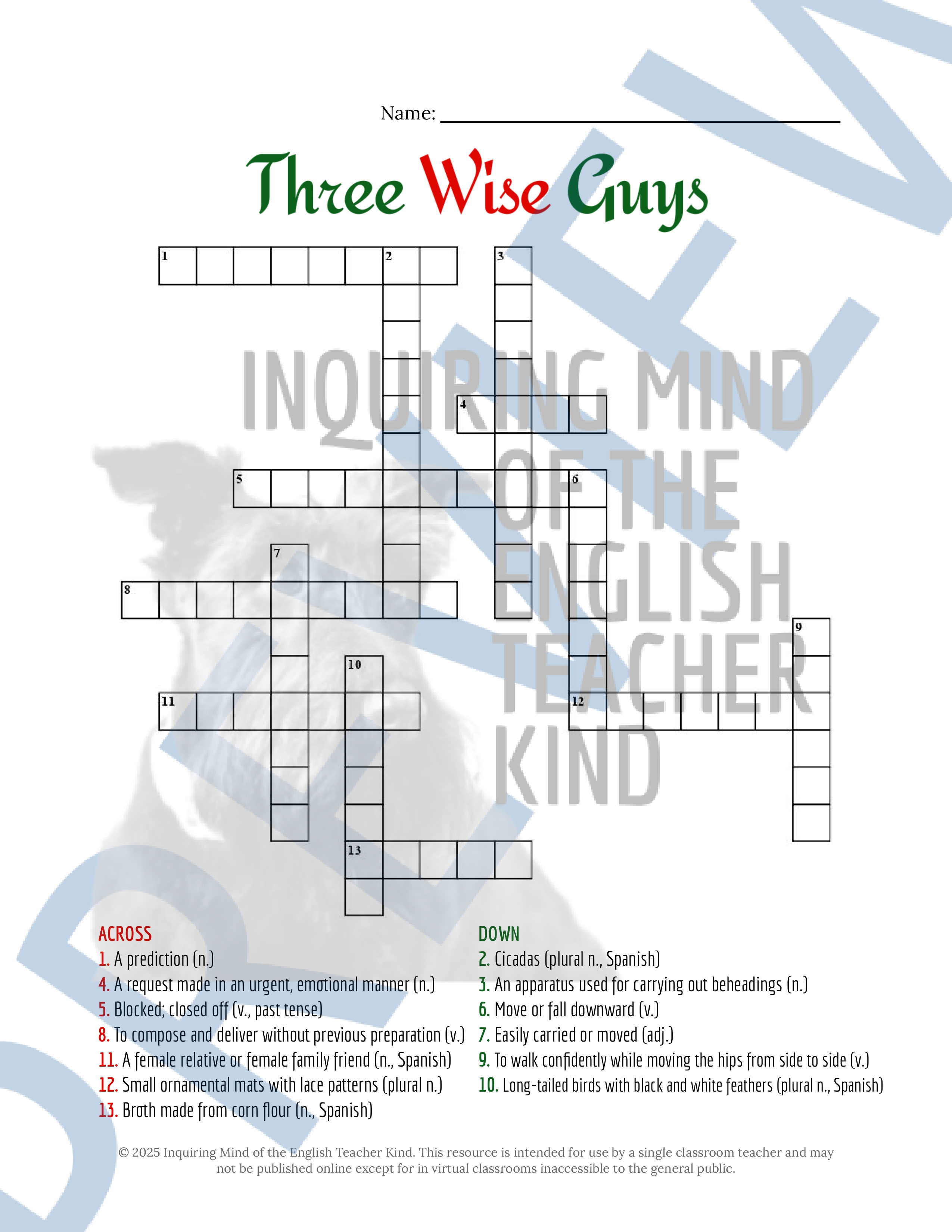 "Three Wise Guys" by Sandra Cisneros Vocabulary Games | Christmas Short ...