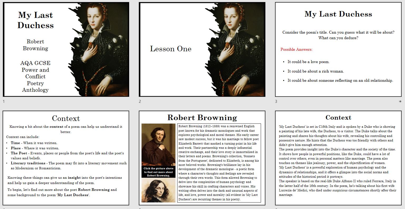 My Last Duchess - AQA (58-slide PowerPoint and 5 worksheets) | Teaching ...