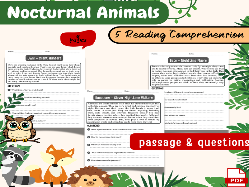 Nocturnal Animals Reading Passages with Questions | Comprehension ...