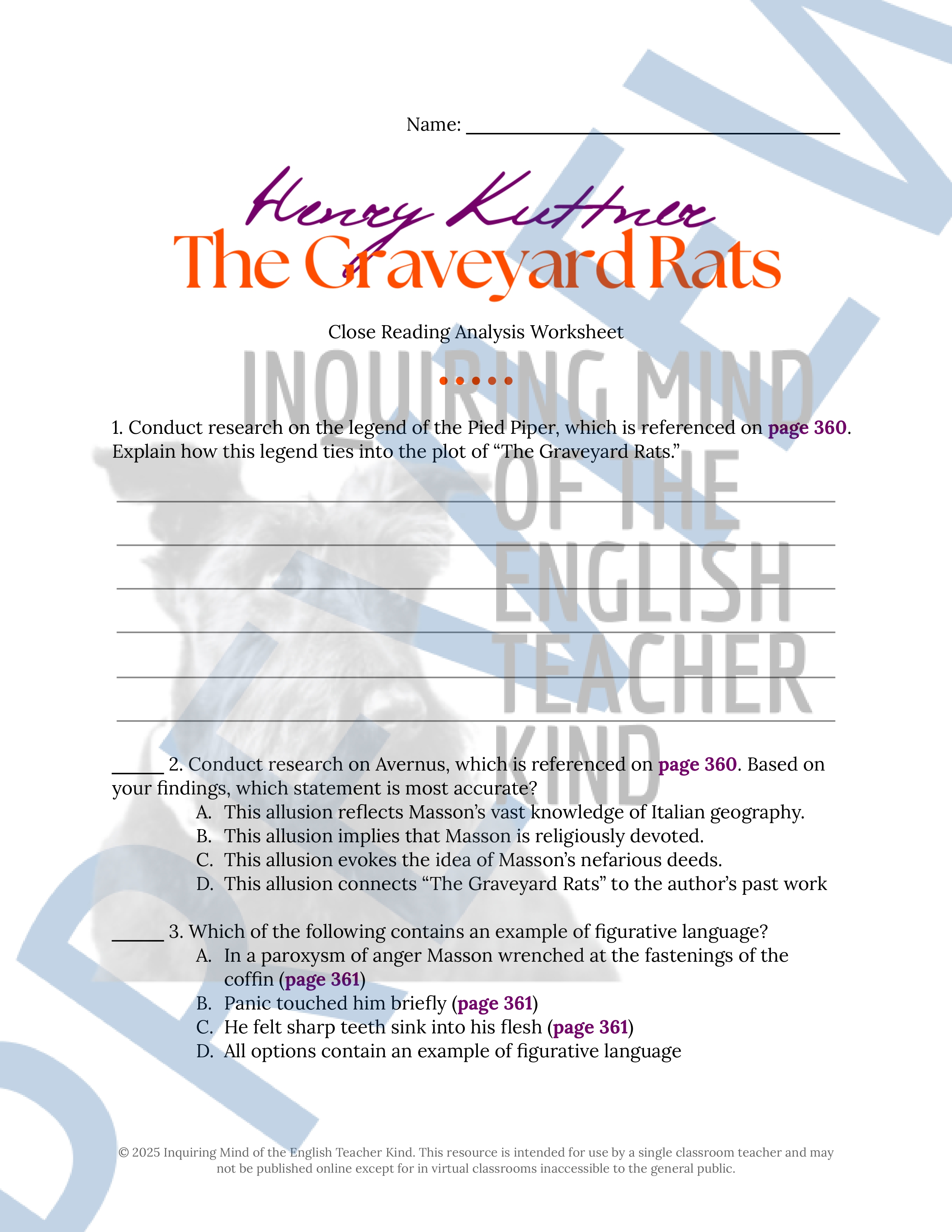 "The Graveyard Rats" by Henry Kuttner Gothic Story Analysis Worksheet ...