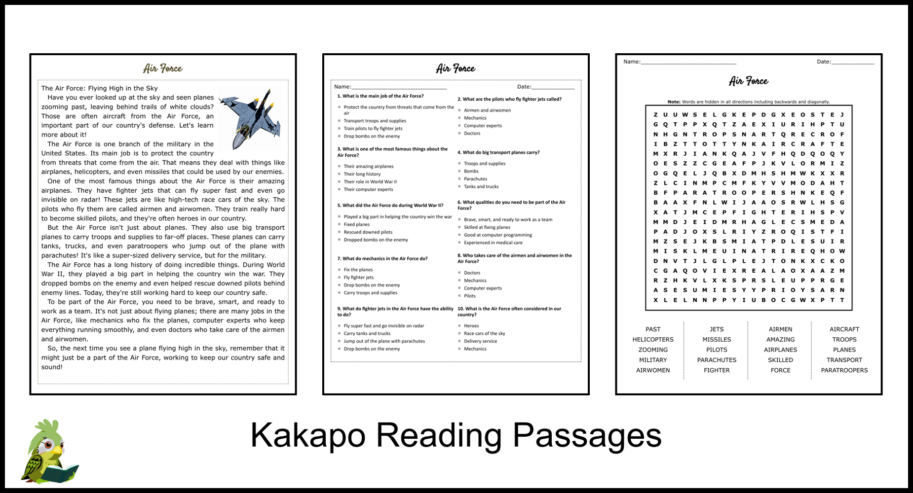 Air Force Reading Comprehension and Word Search | Teaching Resources