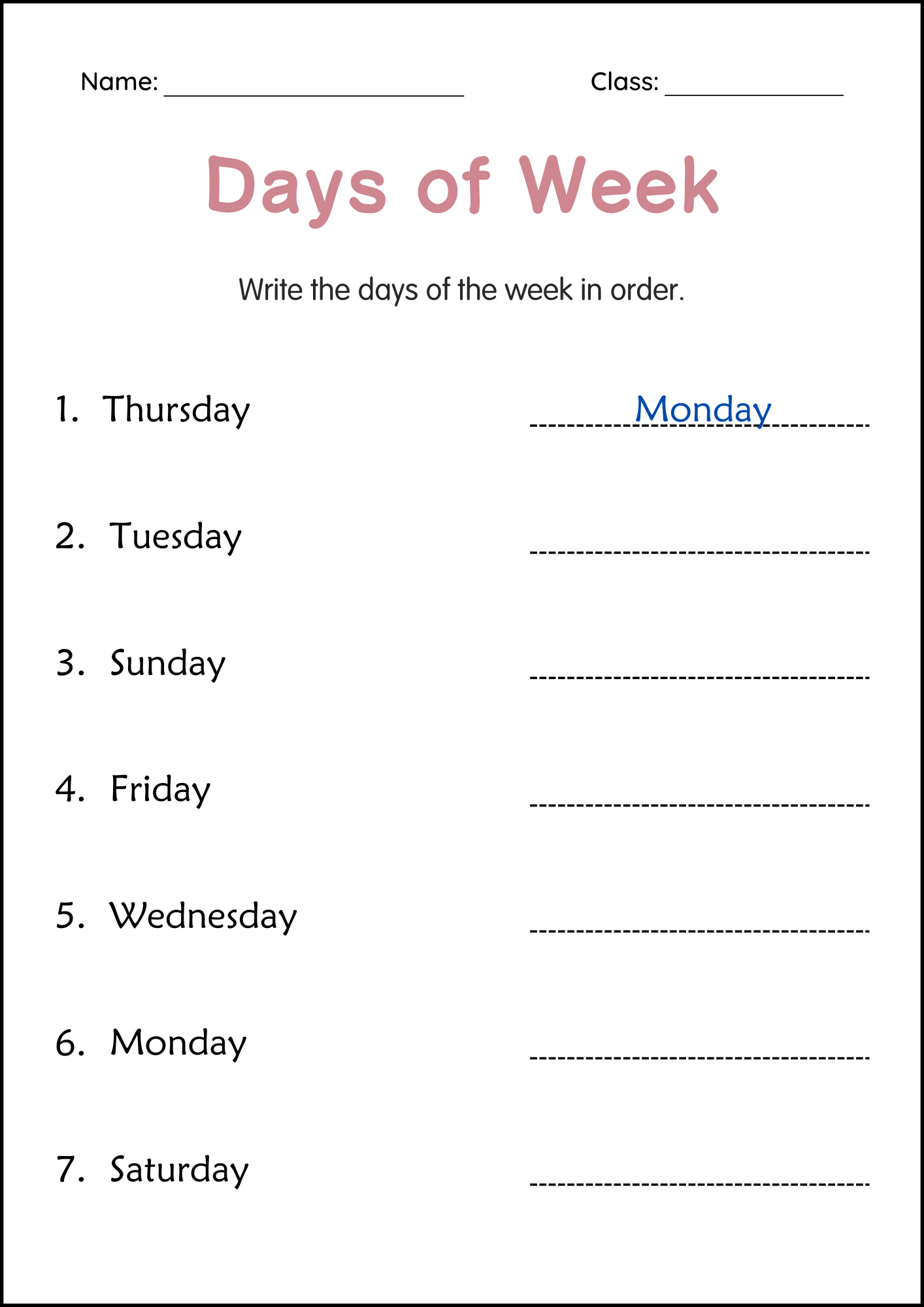 7 Days of The Week Printable Worksheets Calendar Math for Grade 1, 2, 3 ...