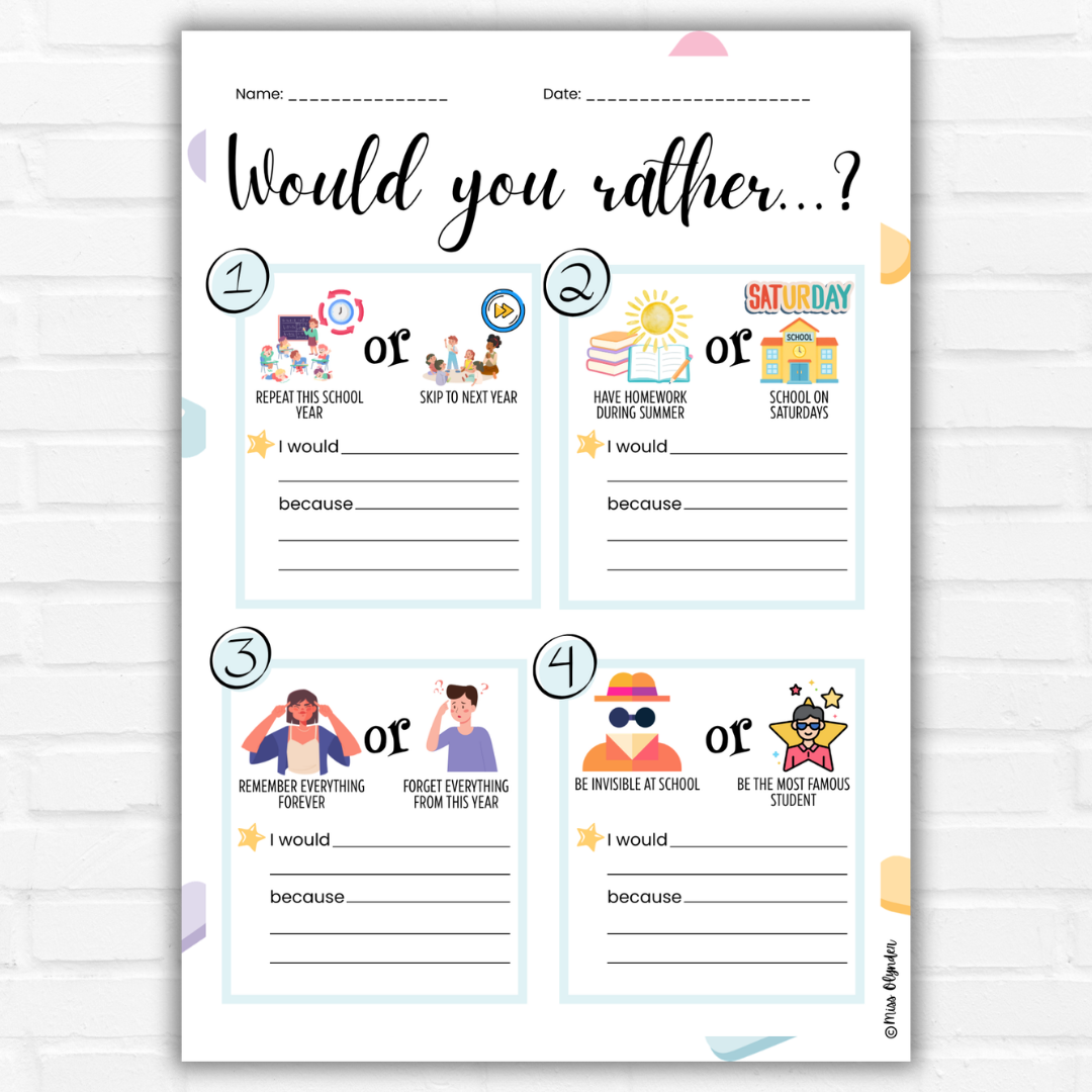 End of the year Opinion Writing Prompts | Would You Rather Writing ...