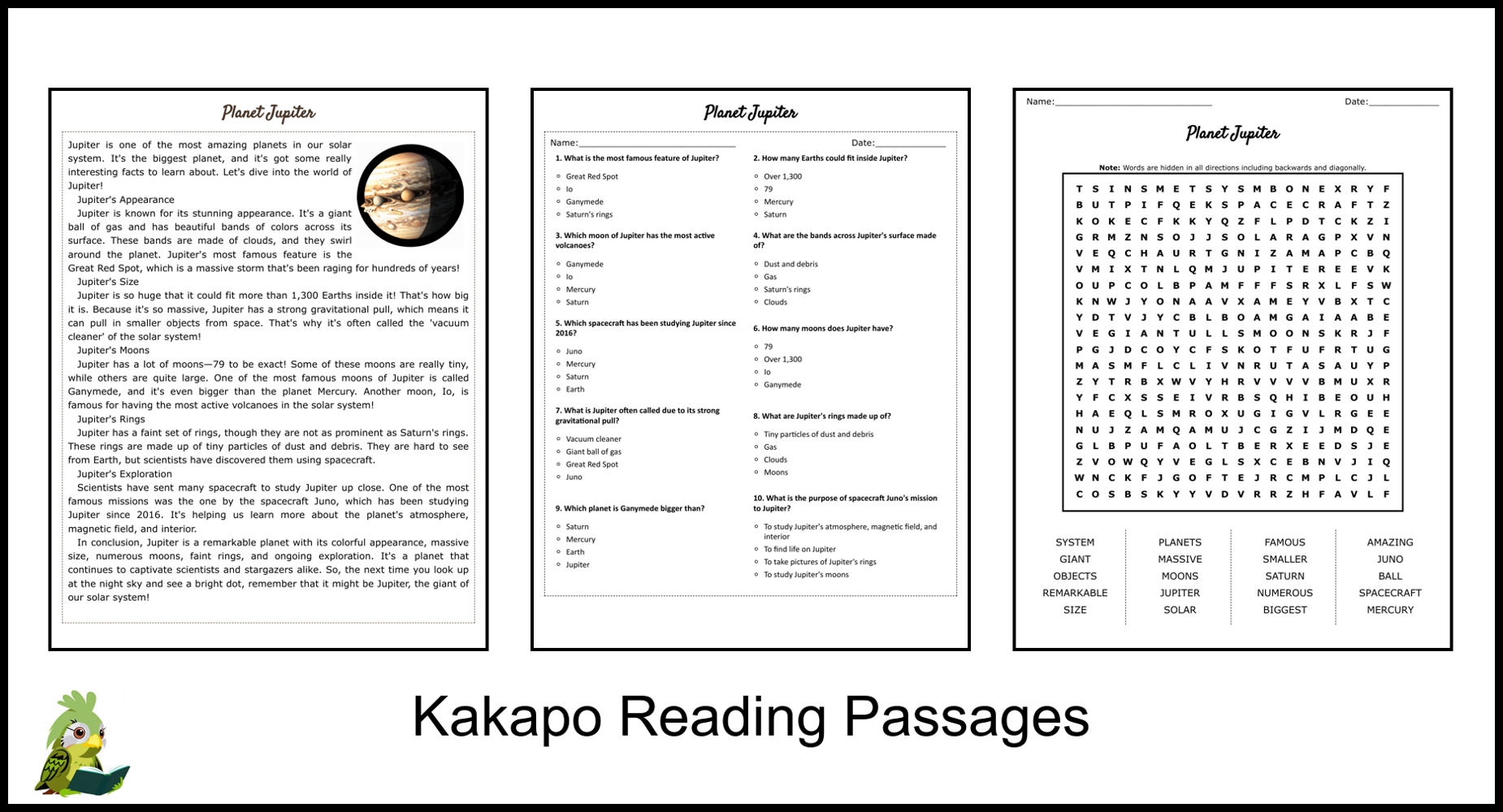 Planet Jupiter Reading Comprehension and Word Search | Teaching Resources